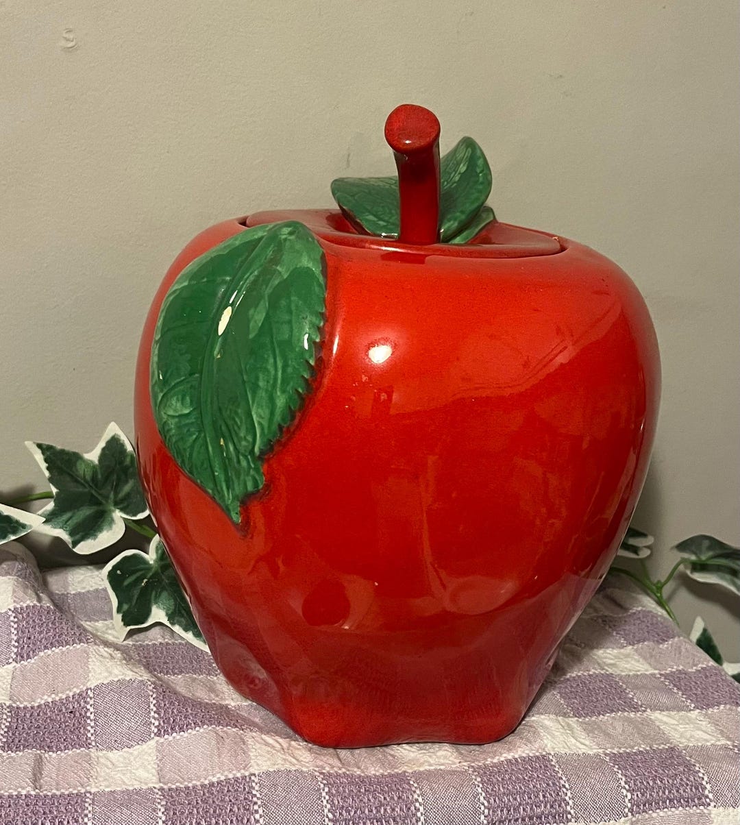 Vintage 1970s Treasure Kraft Red Apple Cookie Jar Country Farm House ...