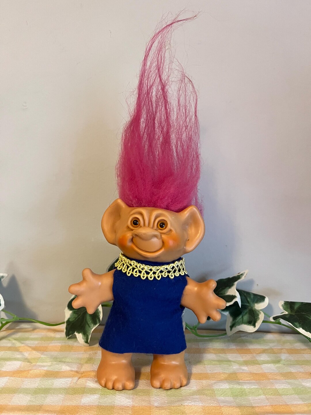 Vintage 1960’s Wishnik Troll Doll Pink Wool Hair Blue & Gold Felt Dress ...