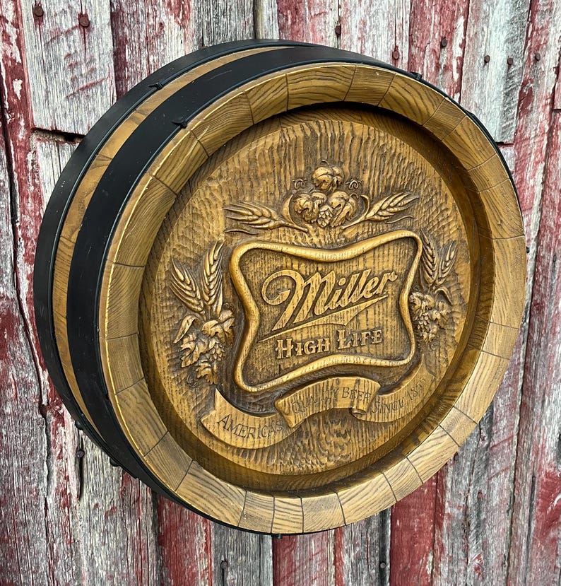 Miller High Life Beer Barrel Keg Top Bar Sign Vintage 1980’s Wood Tone ...