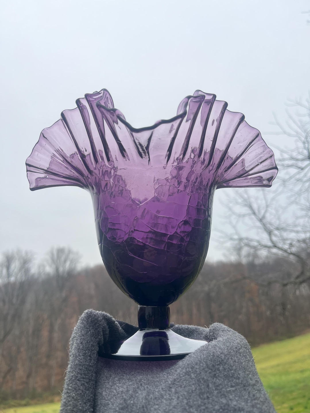 Vintage Bischoff Blenko Glass Purple Amethyst Wavy Ruffle Pedestal Stem ...