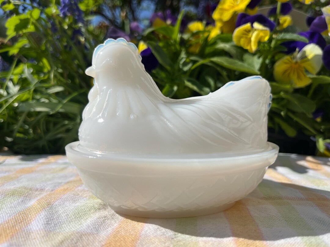 Vintage Hazel Atlas Opaline Fire Glass Small Covered Hen on Nest Candy ...