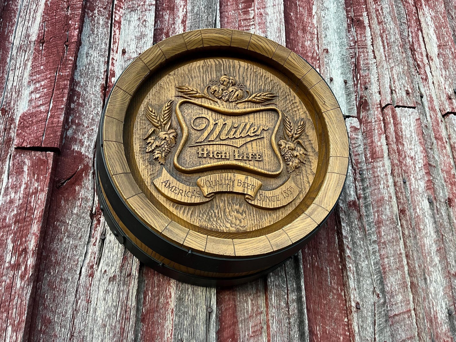 Miller High Life Beer Barrel Keg Top Bar Sign Vintage 1980’s Wood Tone ...
