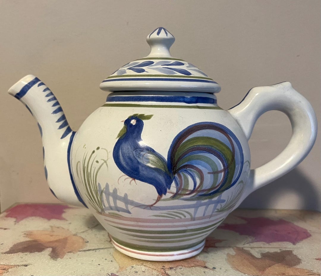 Vintage Henriot Quimper France Teapot Tea Kettle Rooster White Blue ...