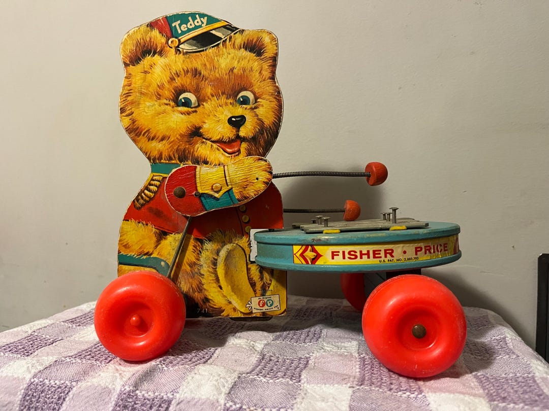 1966 Vintage Fisher Price Toys 741 Teddy Zilo Xylophone Drummer Bear Old Push Pull Toy Gift ...