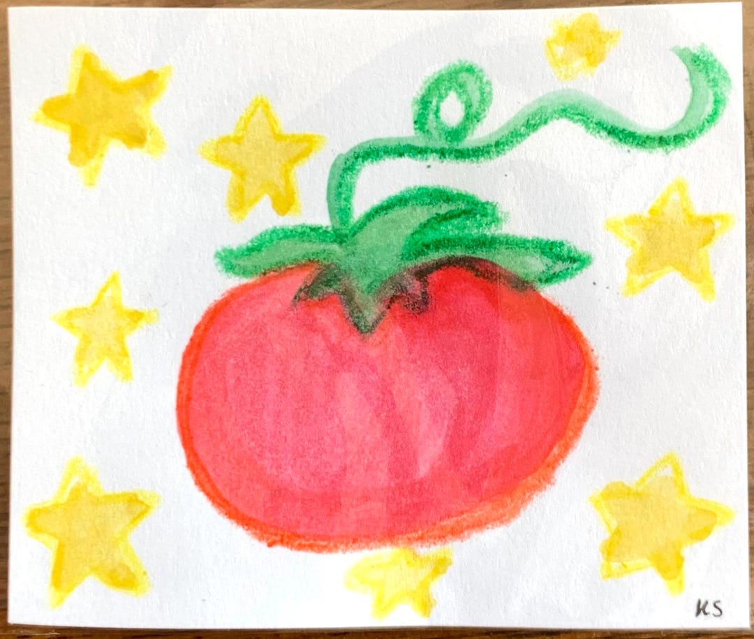 Mini Watercolor and Crayon Tomato and Stars Art | 3"x3" Original Mixed ...