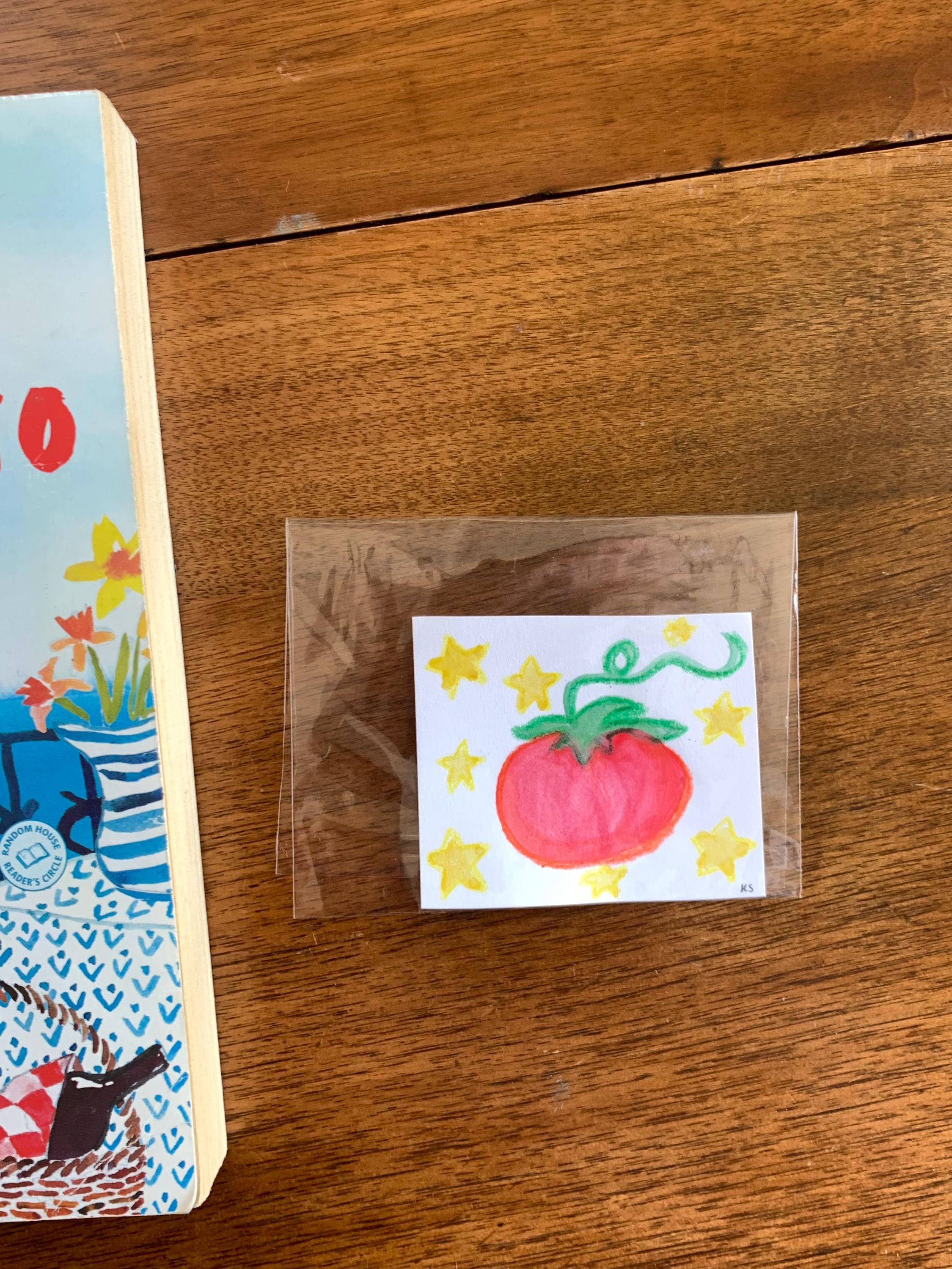 Mini Watercolor and Crayon Tomato and Stars Art | 3"x3" Original Mixed ...