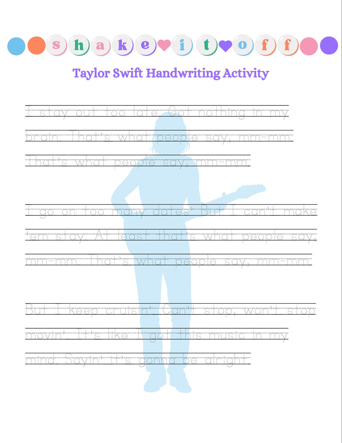 Taylor Swift's Shake It off Handwriting Activity Sheet - Etsy