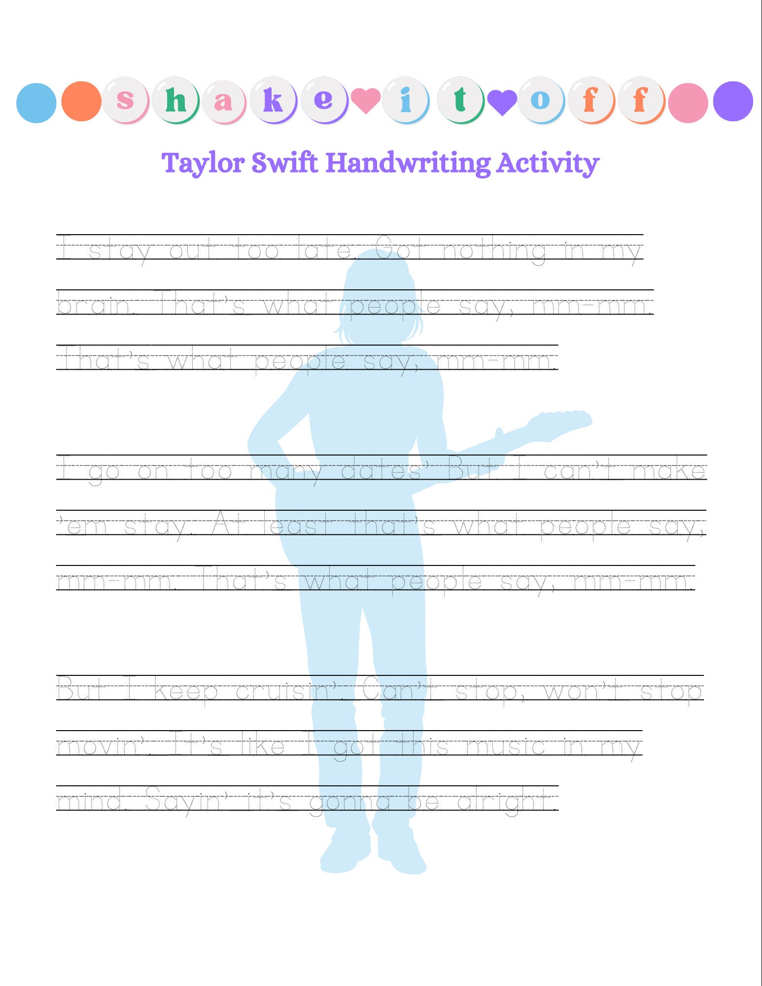 Taylor Swift's Shake It off Handwriting Activity Sheet - Etsy