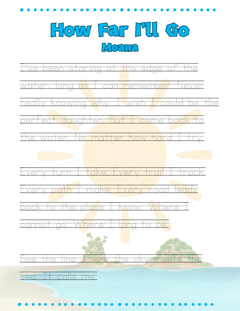 How Far I'll Go moana Lyric Handwriting Activity - Etsy