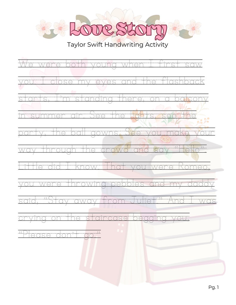 Taylor Swift's Love Story Handwriting Activity Sheet - Etsy