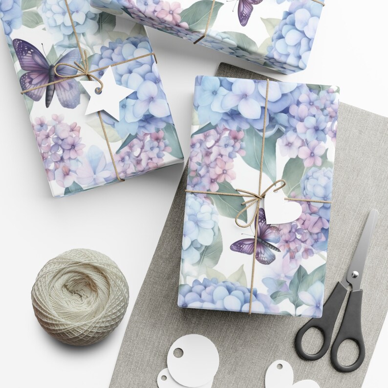 Hydrangea Wrapping Paper, Blue Coastal Girly Floral Butterfly Gift Wrap ...