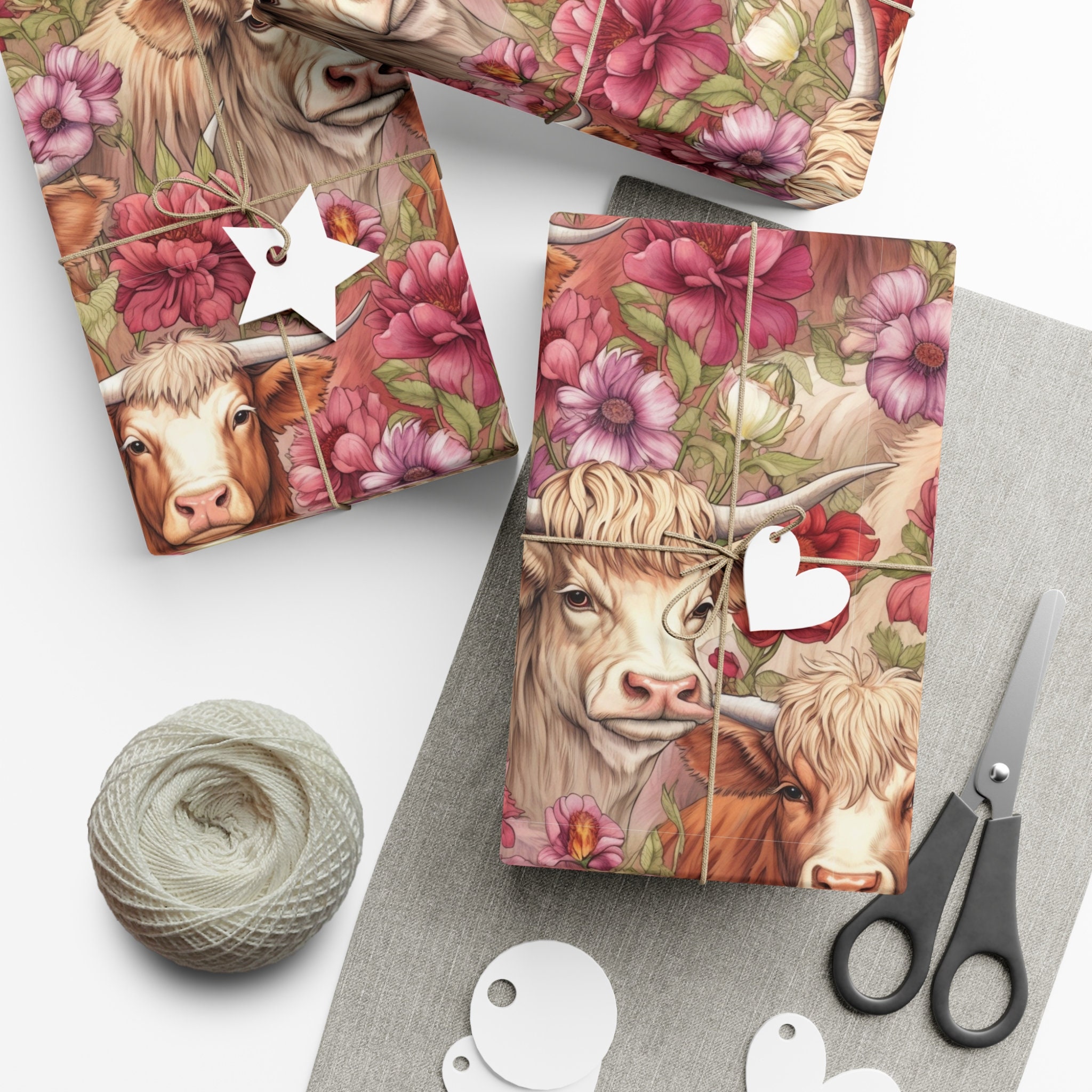 Highland Cow Wrapping Paper, Cow Lovers Floral Wrapping Paper, Cattle ...