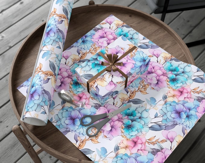 Wrapping Paper Brown Blue Floral Gift Wrap Spring Wrap Illustration ...