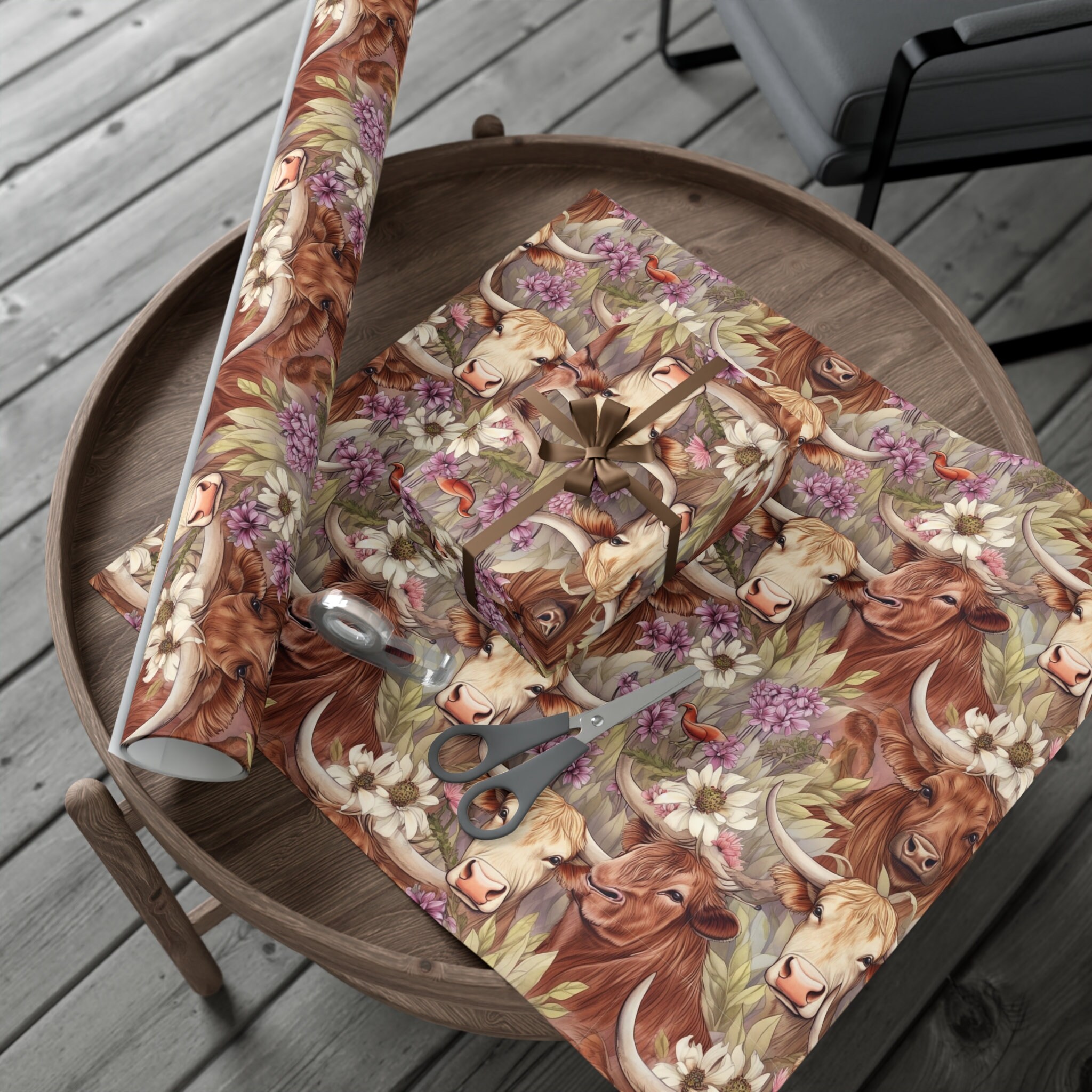 Highland Cow Wrapping Paper, Cow Lovers Floral Wrapping Paper, Cattle ...