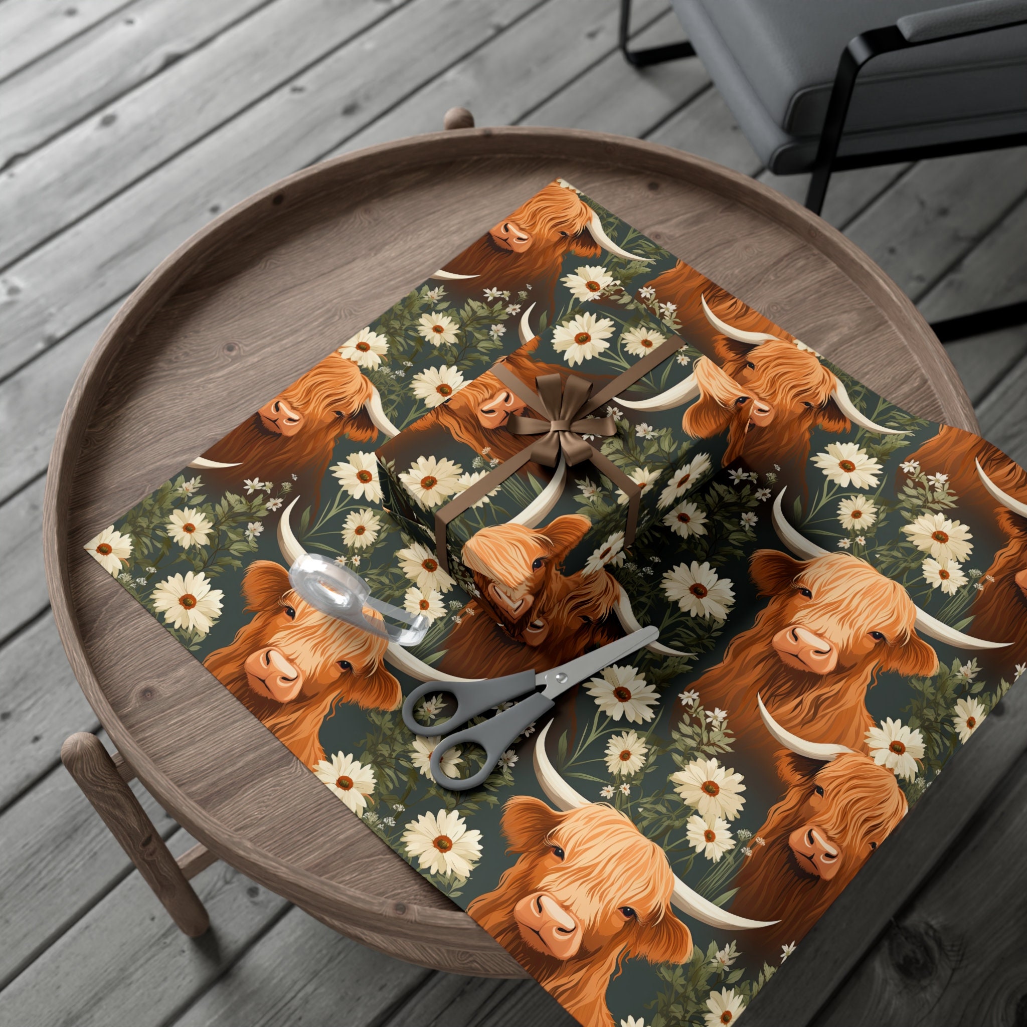 Floral Highland Cow Wrapping Paper, Cow Lovers Gift Wrap, Cattle Themed ...