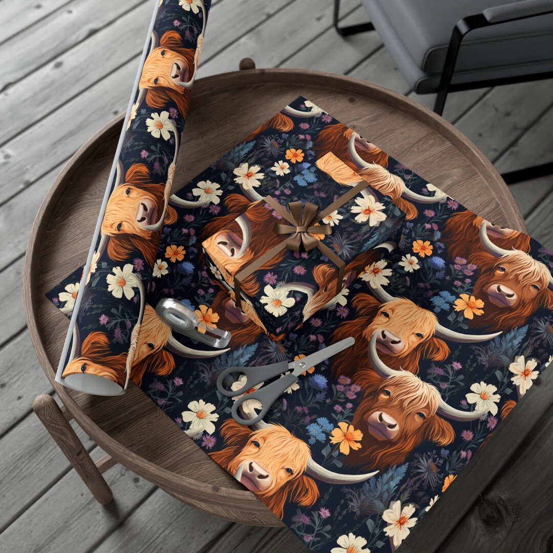 Dark Floral Highland Cow Wrapping Paper, Cow Lovers Gift Wrap, Cattle ...