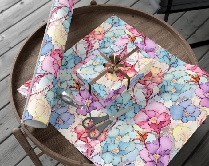 Wrapping Paper Brown Blue Floral Gift Wrap Spring Wrap Illustration ...