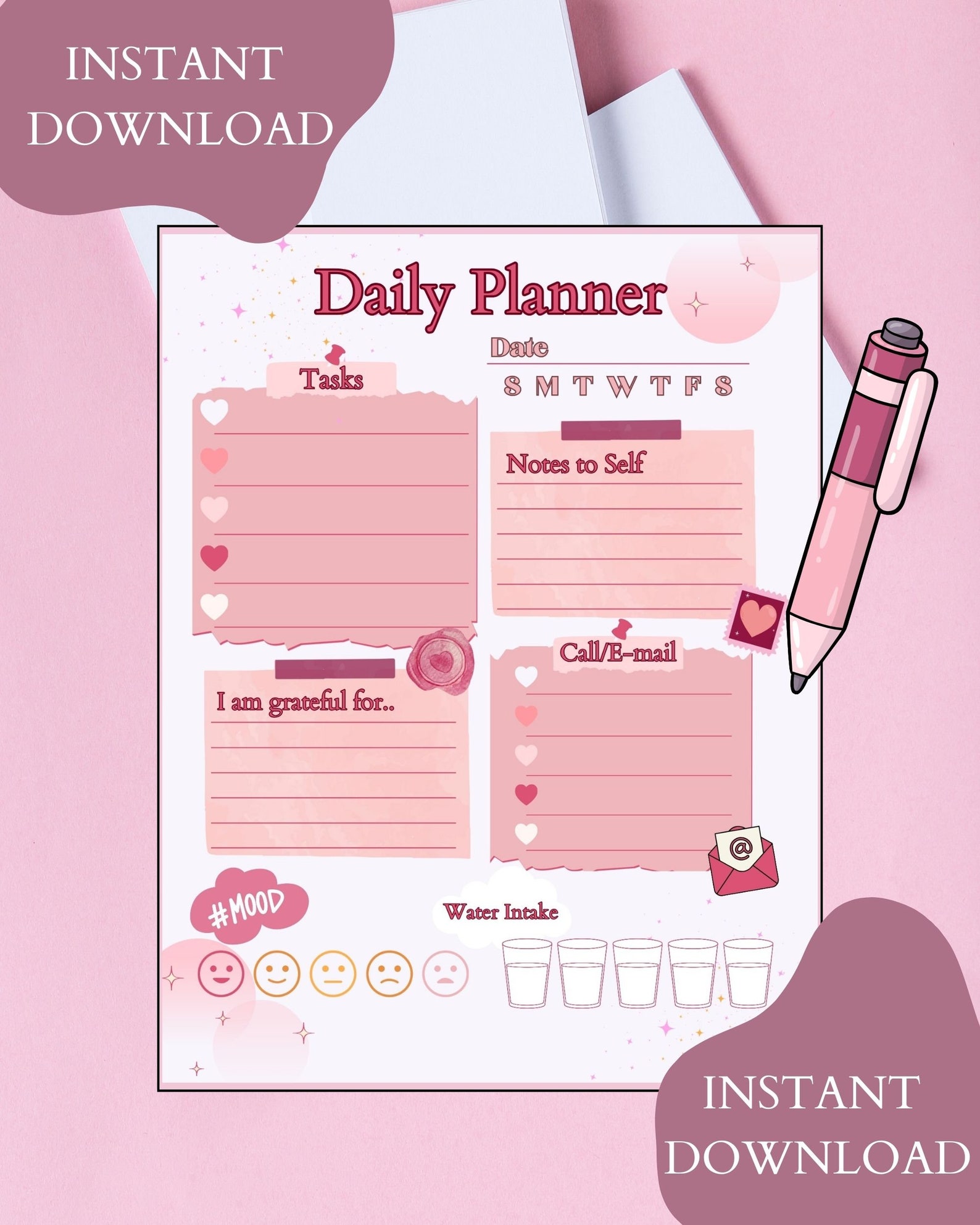 Pretty & Pink Printable Daily Planner PDF Instant Download - Etsy
