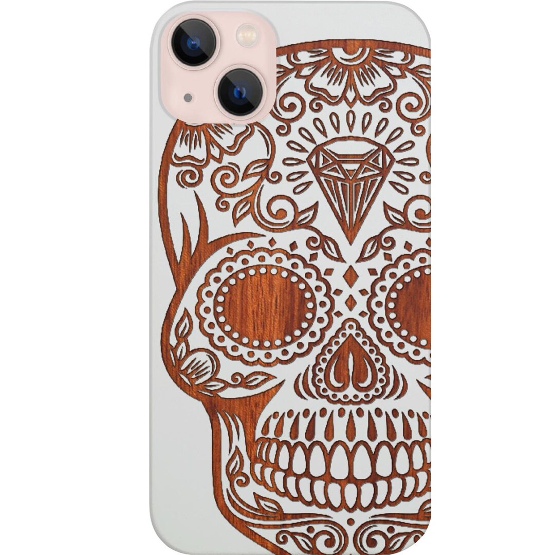 Diamond Skull Engraved Wood Phone Case for iPhone Models and Samsung ...