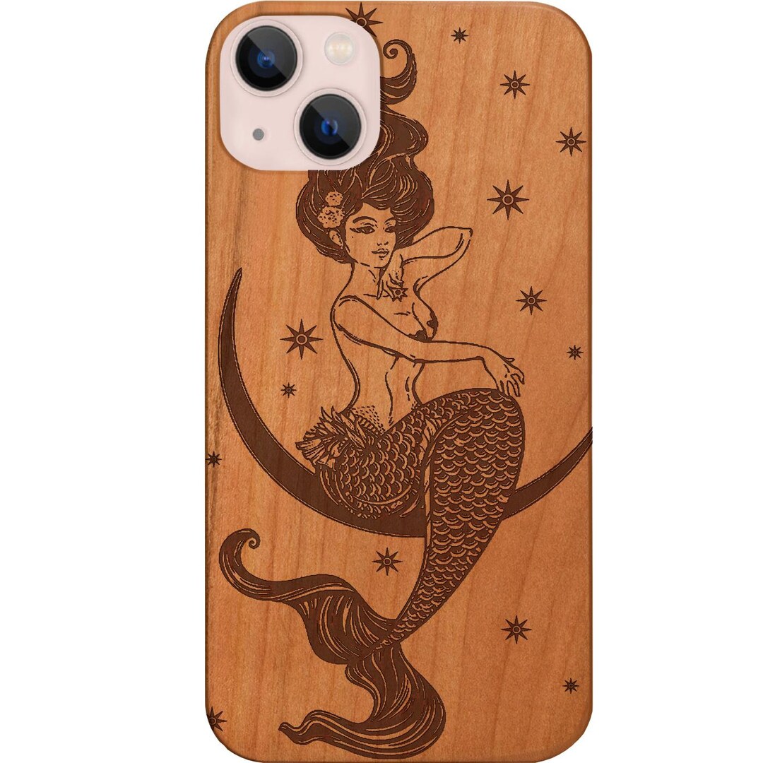 Mermaid in the Moon Engraved Wood Phone Case for iPhone Models and ...