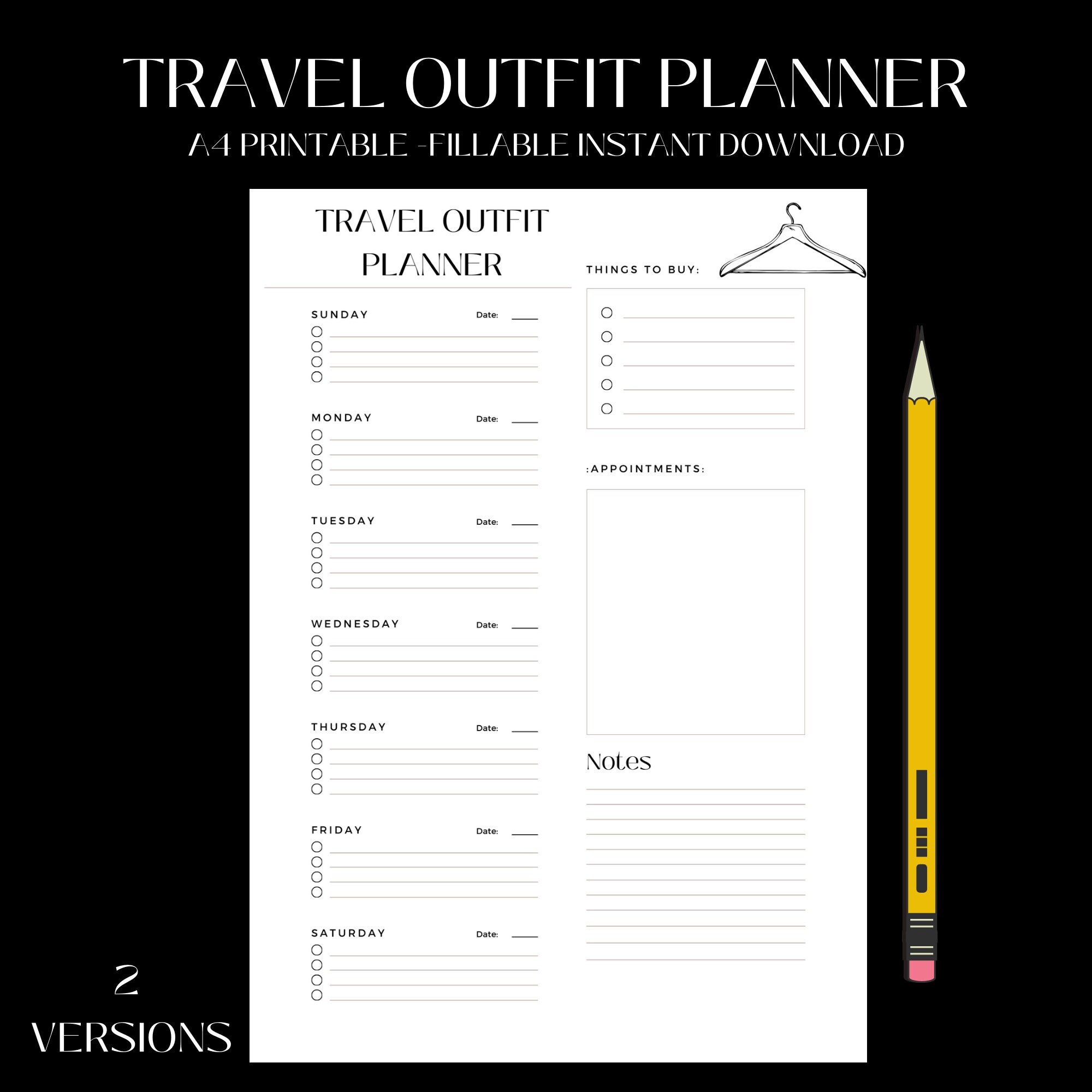 Travel Outfit Planner Printable Template, Daily Outfit Planner for ...