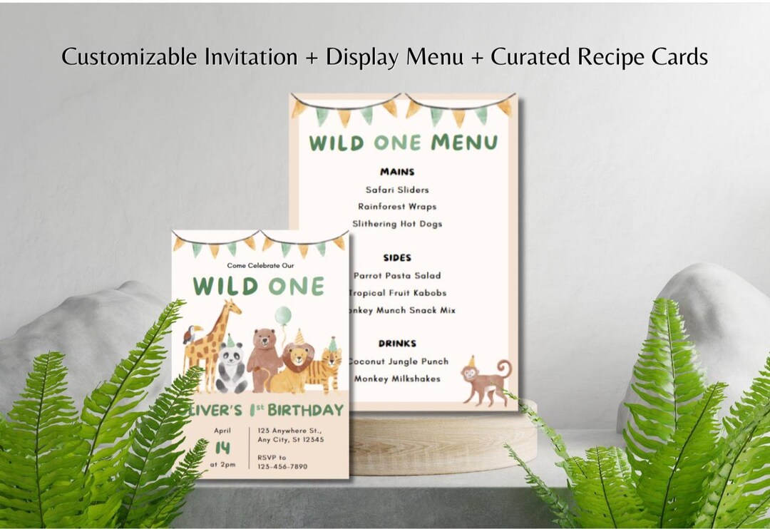 Customizable "wild One" Jungle Themed Party Invitation + Display Menu ...