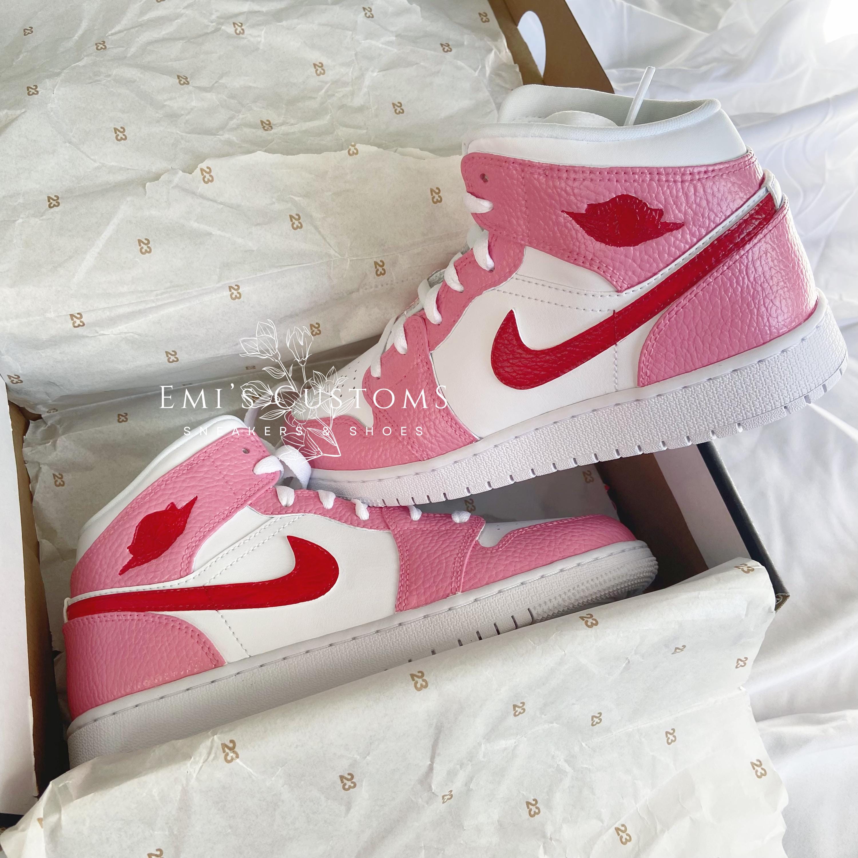 Custom Nike Air Jordan 1 Mid Sneakers - Coral Pink With Raspberry Red ...
