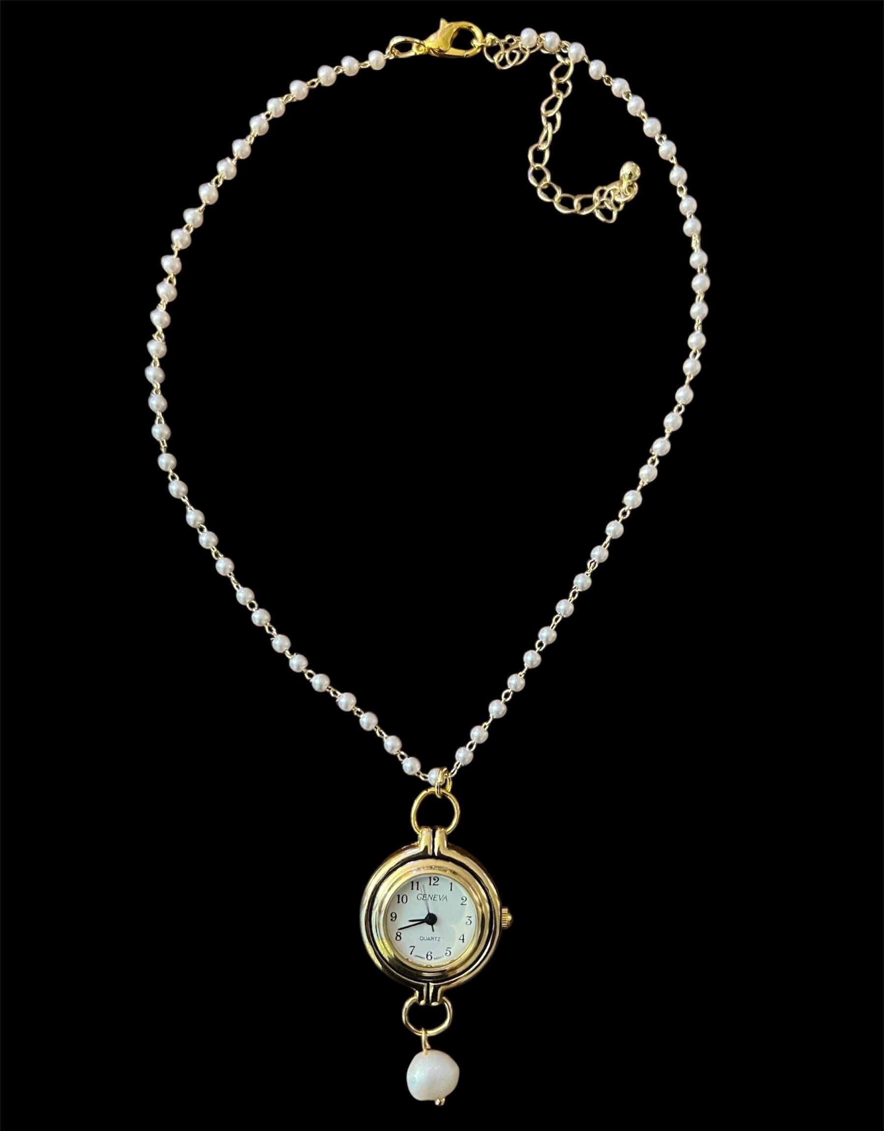 18K Gold Plated Freshwater Pearl Clock Watch Necklace Choker - Etsy