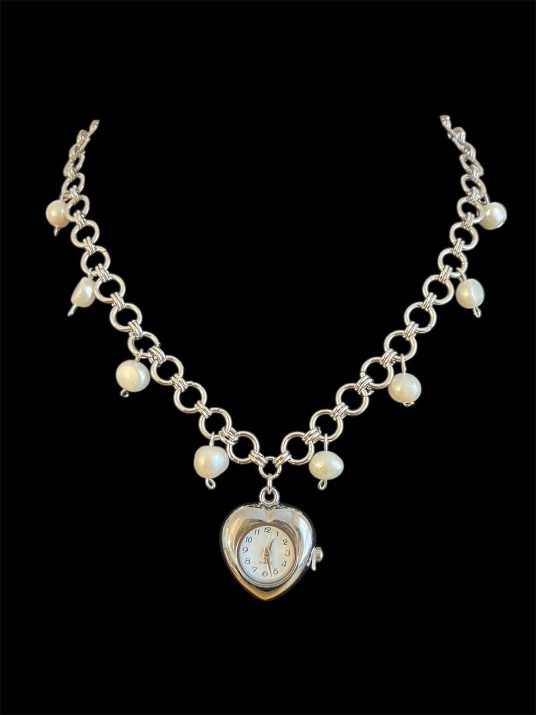 Handmade Stainless Steel Chainmail Watch Necklace: Freshwater Pearl ...