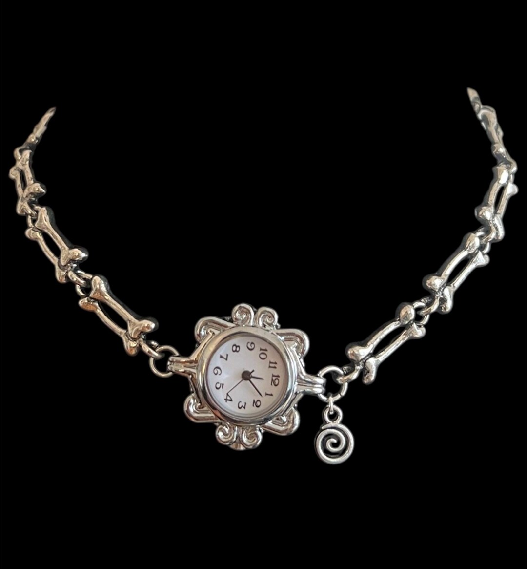 Handmade Watch Clock Choker: Bone Charm, Stainless Steel, Antique Style ...