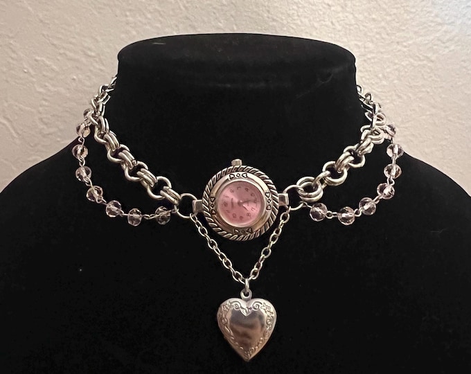 Pink Beaded Chain Mail Layered Engraved Locket Clock Watch Choker - Etsy