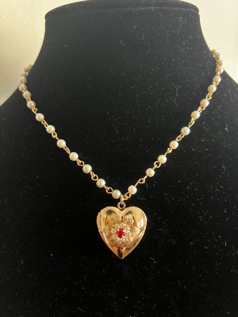Gold Pearl Heart Locket Red Rhinestone Boho Antique Vintage Style - Etsy