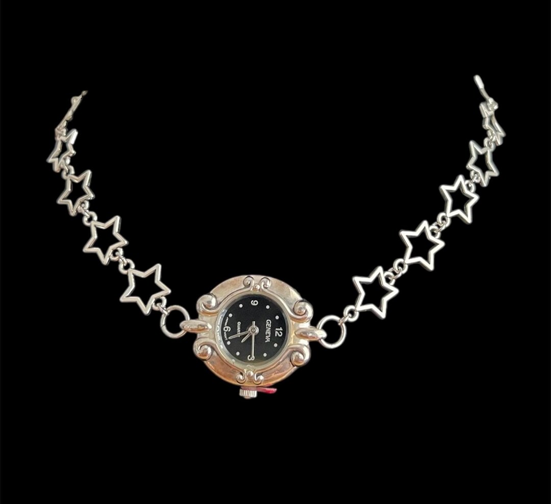 Steampunk Watch Choker: Black Geneva Clock Necklace, Stainless Steel ...