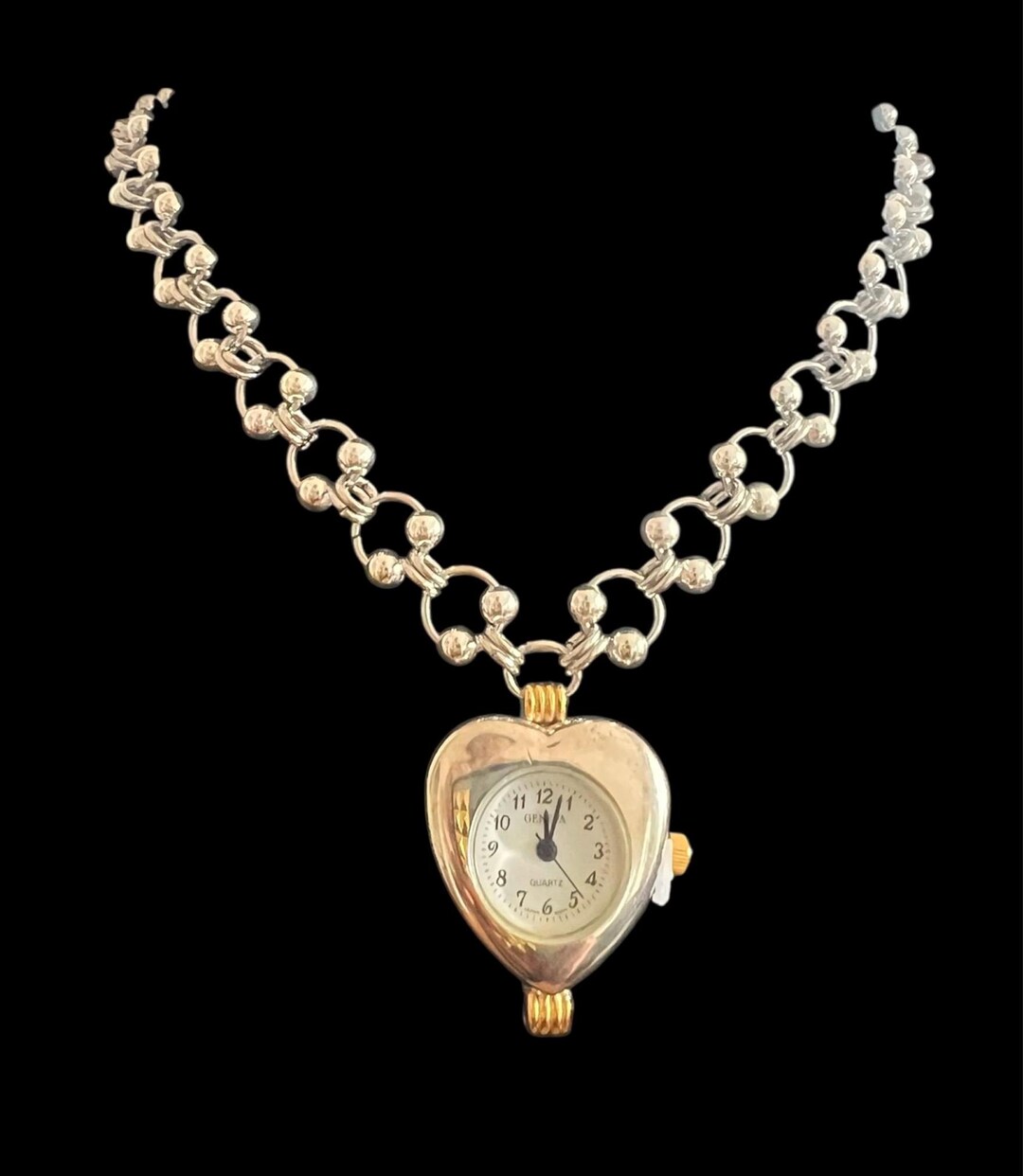 Hand Made Sterling Silver Chain Mail Silver Beaded Watch Heart Clock ...