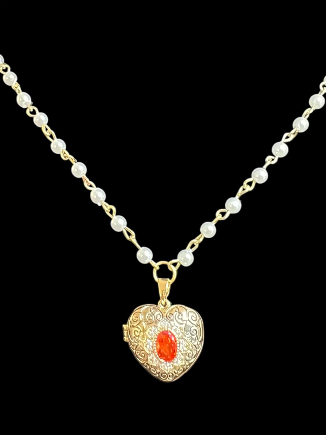 Gold Pearl Heart Locket Red Rhinestone Boho Antique Vintage Style - Etsy