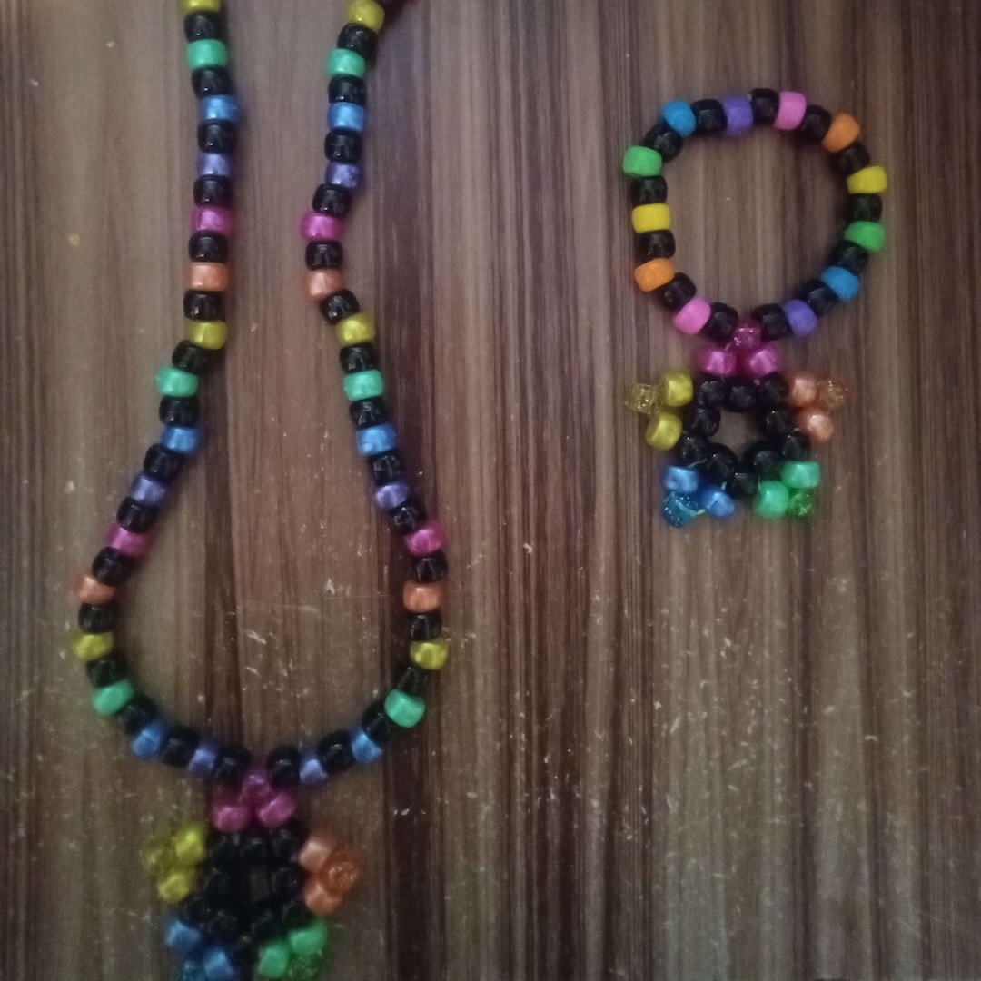 Matching Rainbow Kandi Bracelet and Necklace | Bright Neon Star Kandi ...