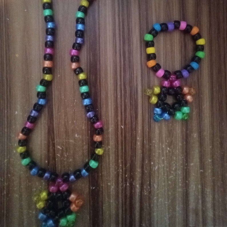 Matching Rainbow Kandi Bracelet and Necklace | Bright Neon Star Kandi ...