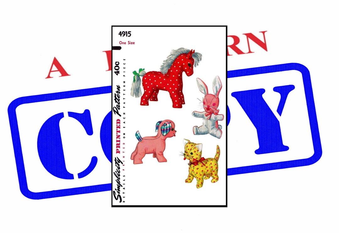 Simplicity 4915 Pattern Craft Toy Stuffed Animal Rabbit Cat Dog Horse 7 ...