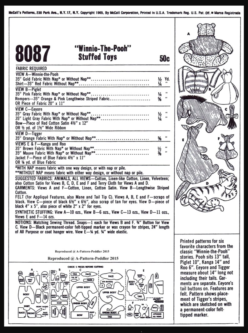 Mccall's 8087 Pattern DISNEY Winnie Pooh Stuffed Animal Toy Piglet ...