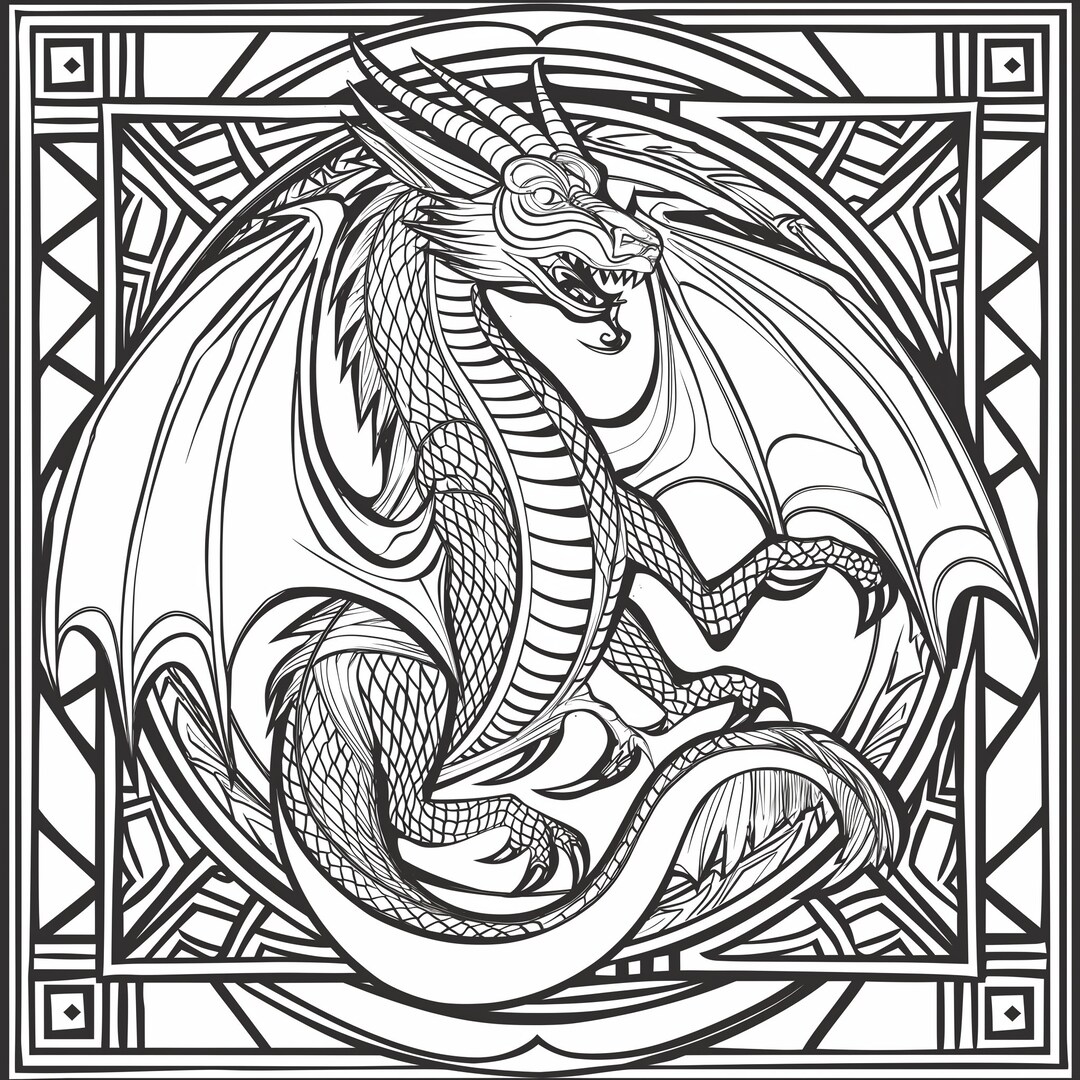Fantasy Dragon Art Coloring Page Digital Printable, Adult Stress Relief ...
