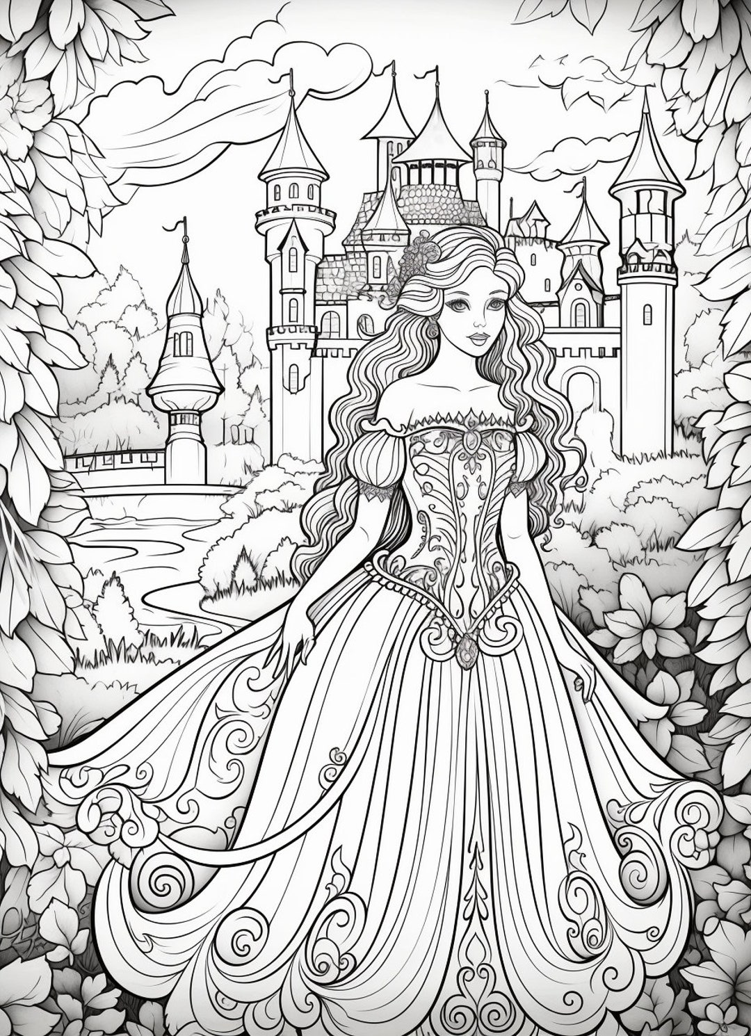 Regal Castle & Princess Fantasy Coloring Page Printable Adult Coloring ...