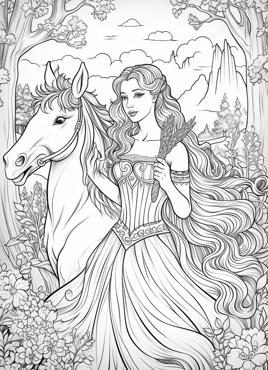 Enchanted Meadow Princess & Horse Coloring Page Digital Download for ...