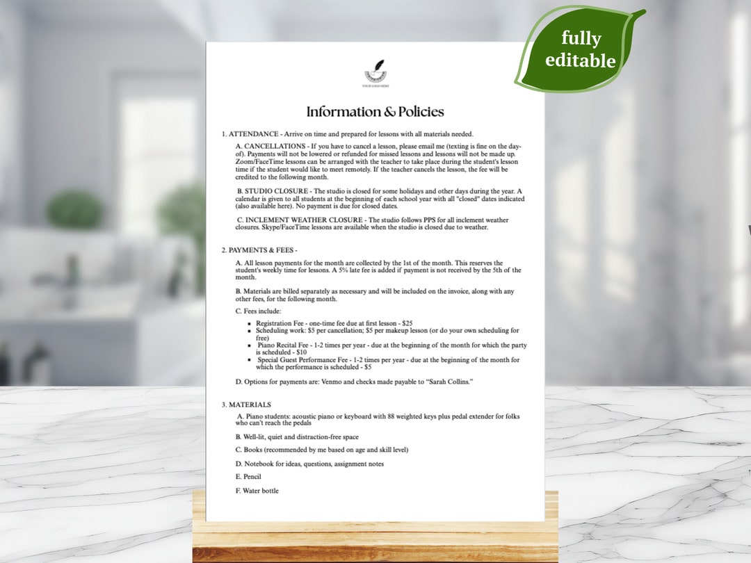 Music Studio Policy Page - Editable Canva Template - Great for Piano ...