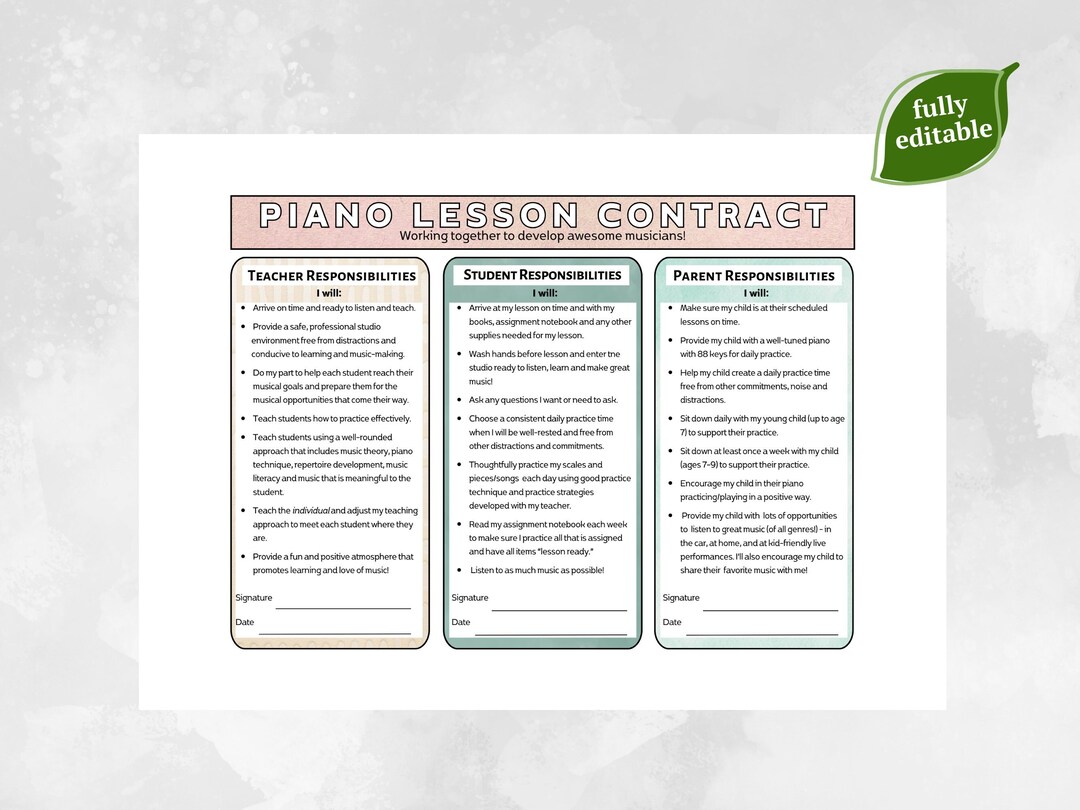 Complete Piano Lesson Contracts Bundle - 22 pdfs, Editable ...