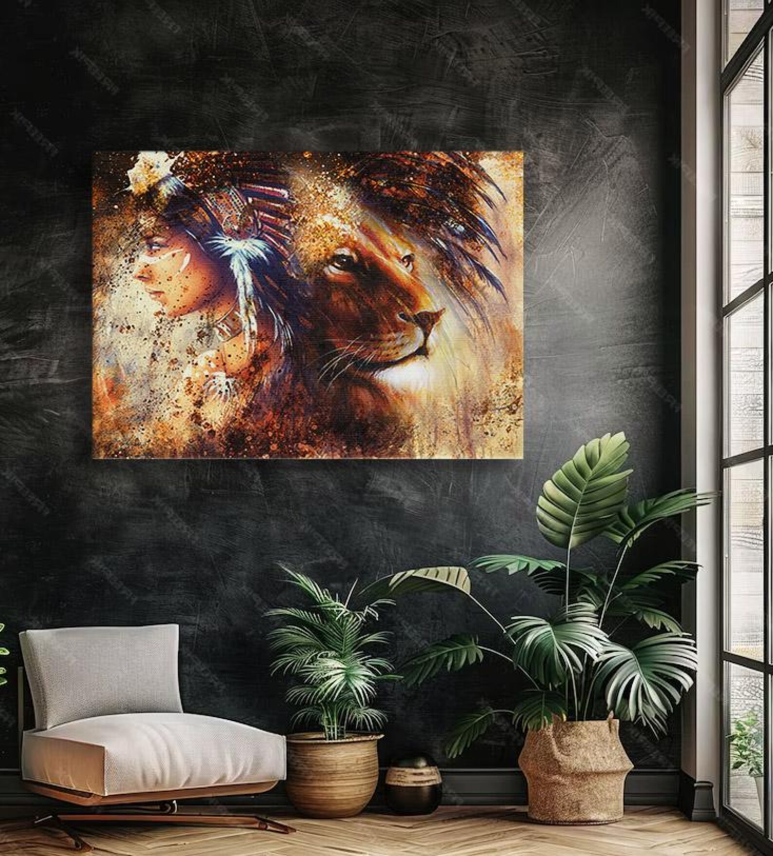 Indian Woman and Lion Portrait Canvas: Native American Wall Art - Etsy