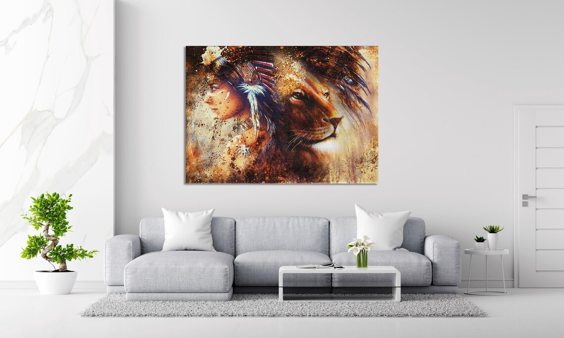 Indian Woman and Lion Portrait Canvas, Native Americans Art, Indian Art ...