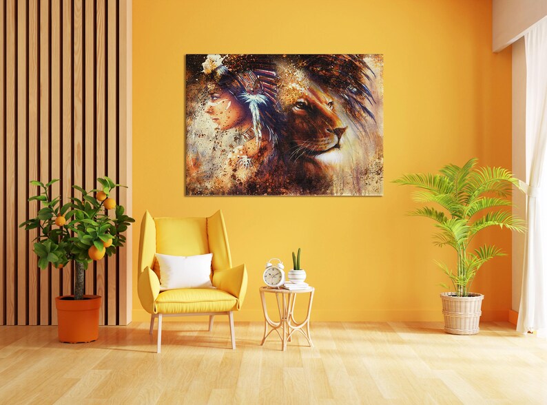 Indian Woman and Lion Portrait Canvas, Native Americans Art, Indian Art ...