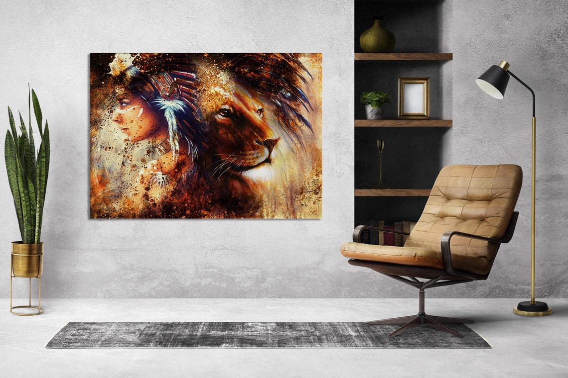 Indian Woman and Lion Portrait Canvas, Native Americans Art, Indian Art ...