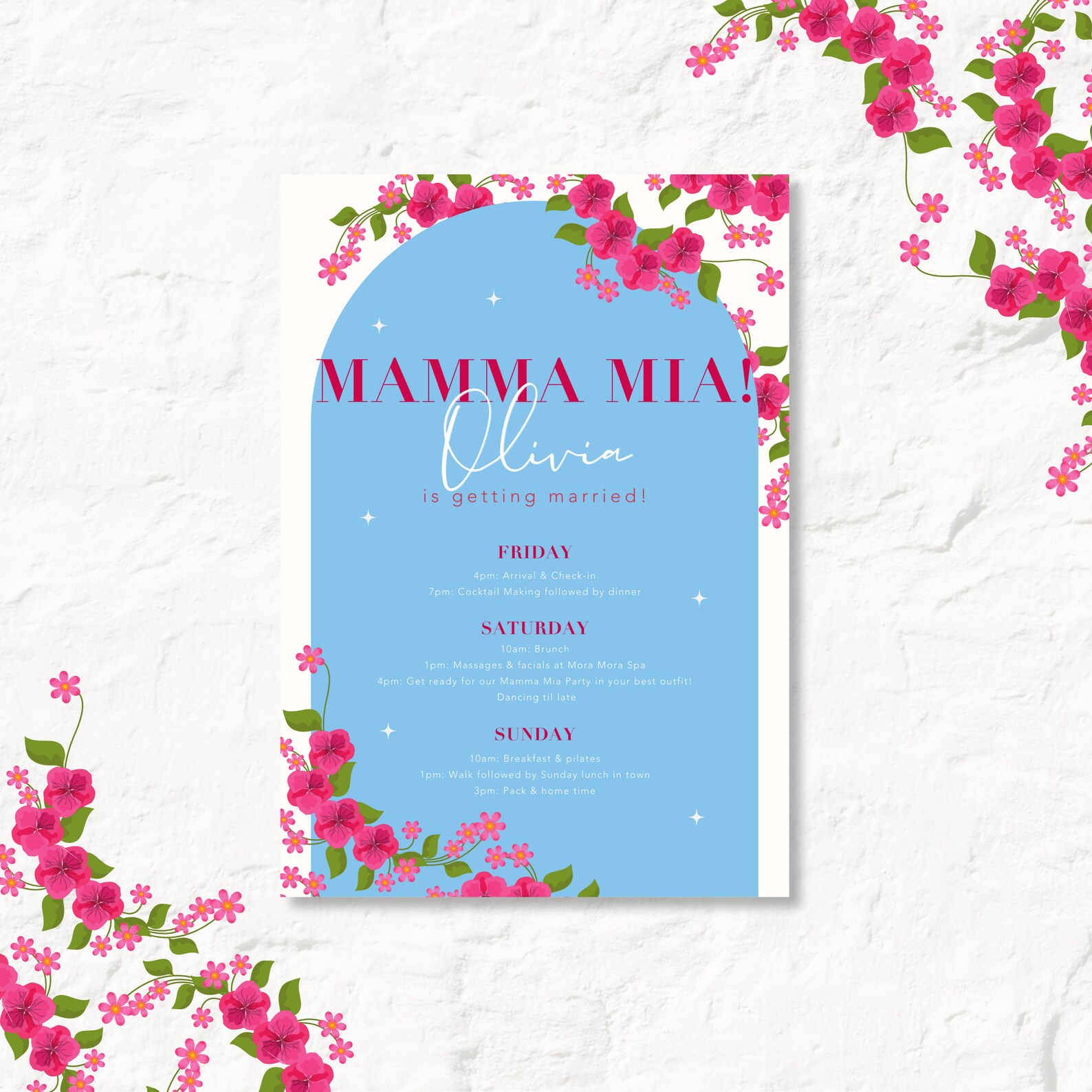 Mamma Mia! Hens Party Bachelorette Weekend A5 Invitation & Itinerary ...