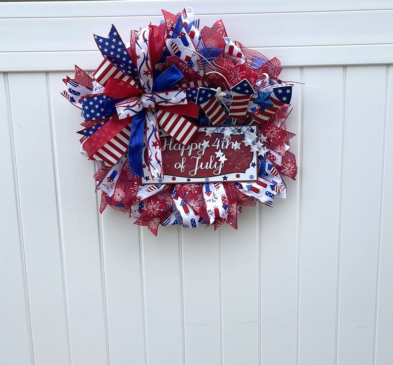 Patriotic Red White Blue Firework Front Door Wreath Stars and Firewrok ...
